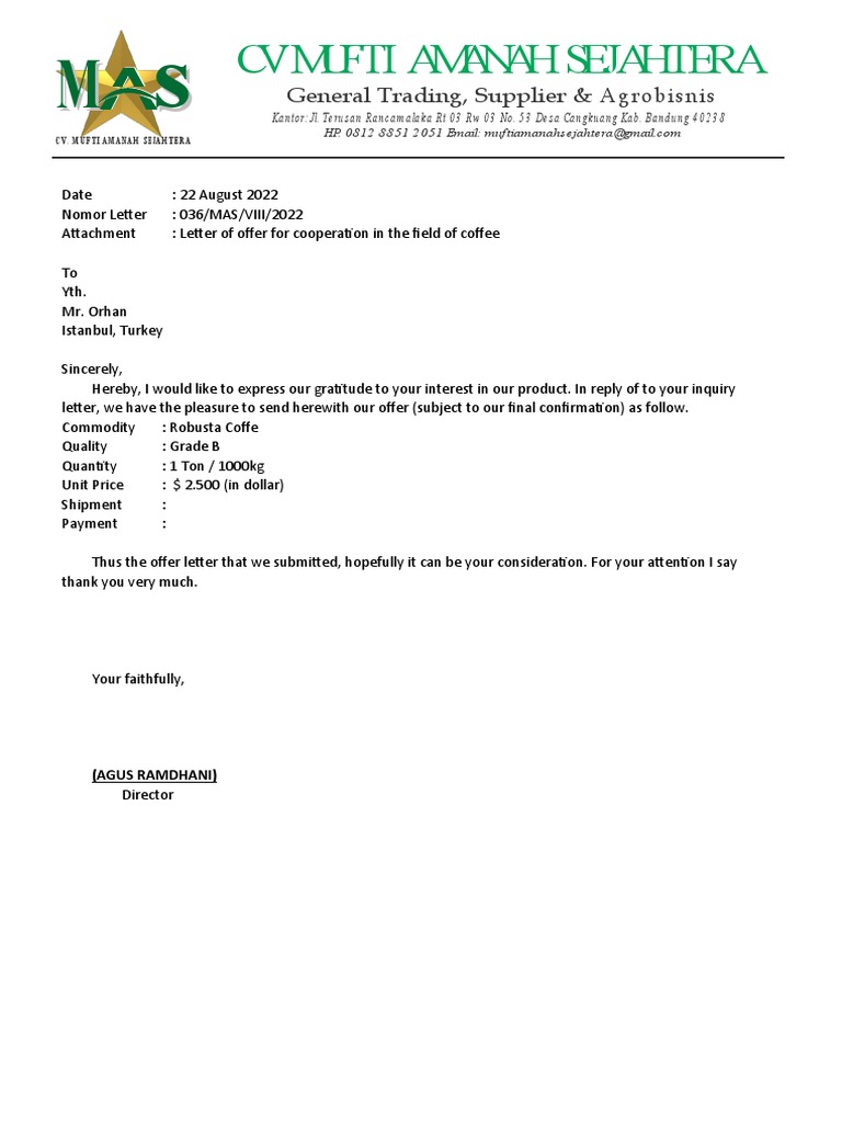 Coffee Cooperation Offer Letter | PDF