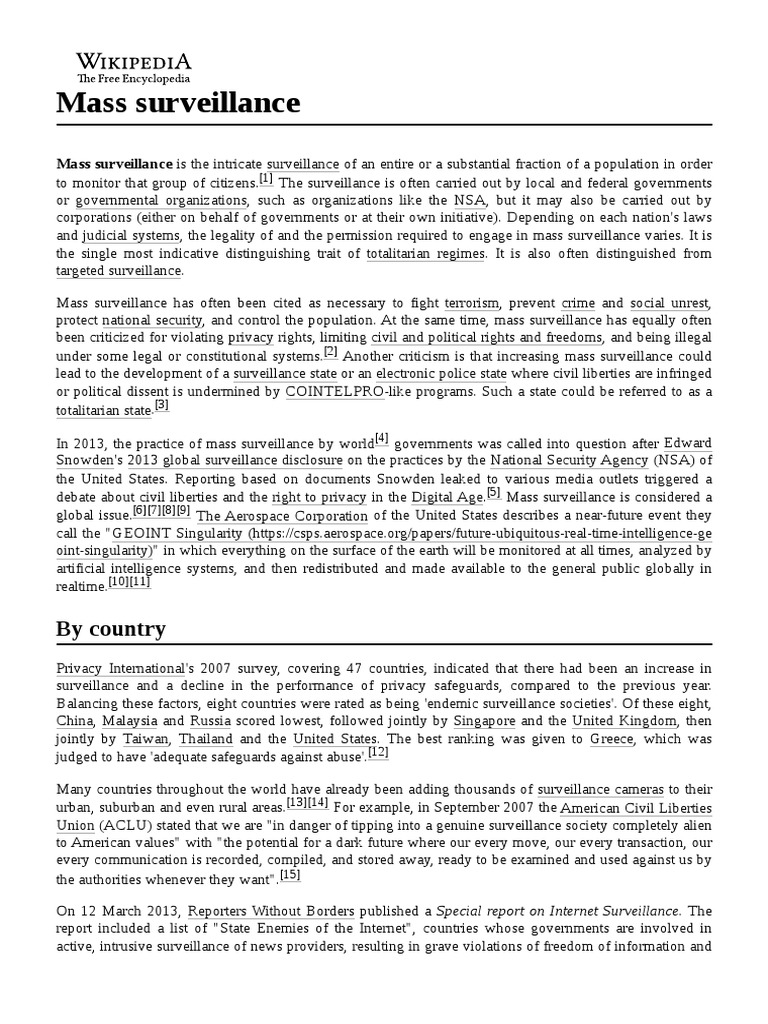 Mass - Surveillance Definition in Wikipedia | PDF
