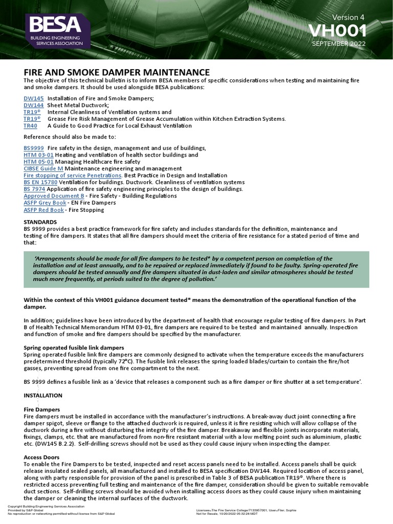 BESA VH 001 - Ventilation and Heating 1 Fire and Smoke Damper Maintenance - Version 4 | PDF ...