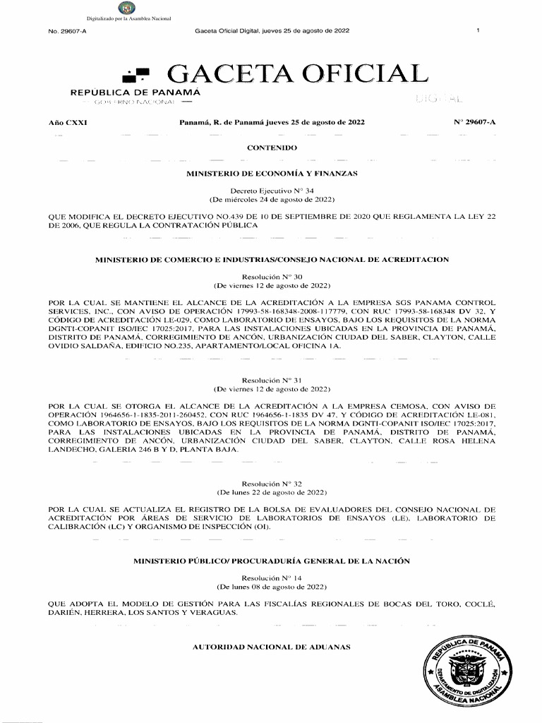 Decreto Ejecutivo 34 de 24 de Agosto de 2022 Modifica El Decreto ...