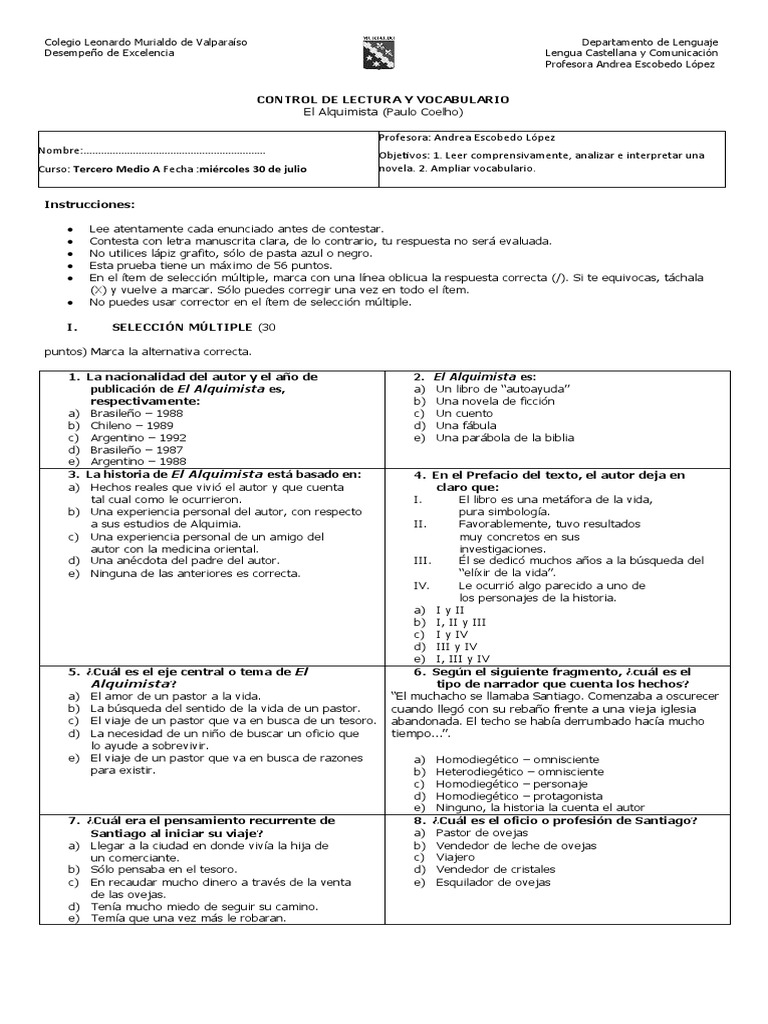 Control de Lectura El Alquimista | PDF | Alquimia