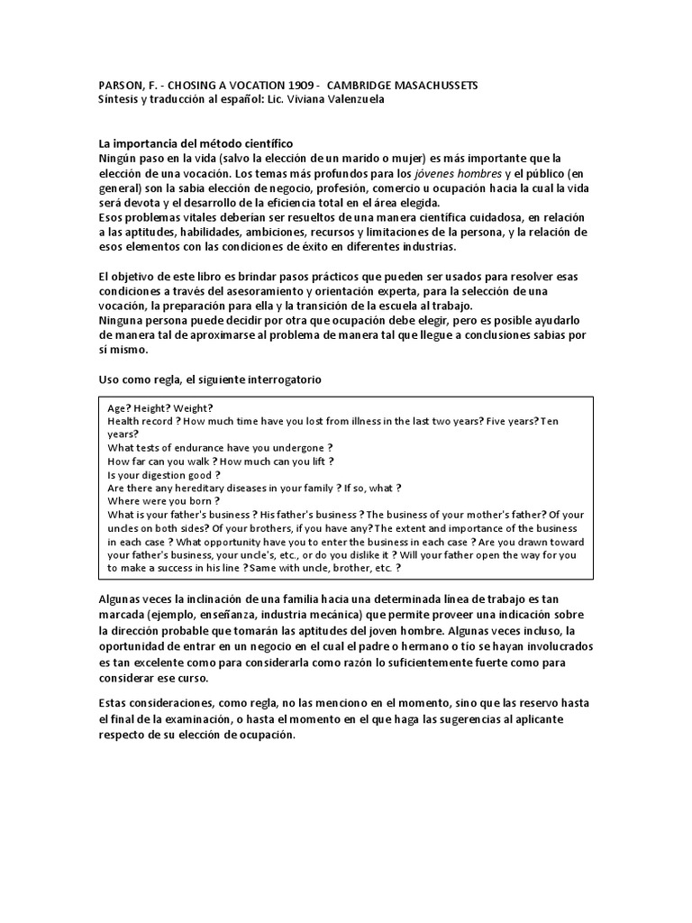 PARSONS SÍNTESIS y Traducción CHOSING A VOCATION 1909 para Enfoques ...