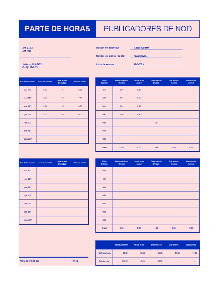 Registro Horas y Salarios Julio 2023 | PDF