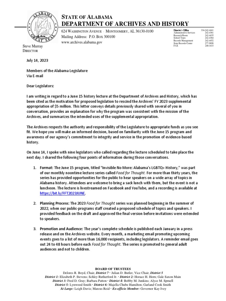 Archives and History Letter To State Lawmakers | PDF | Alabama | Museum