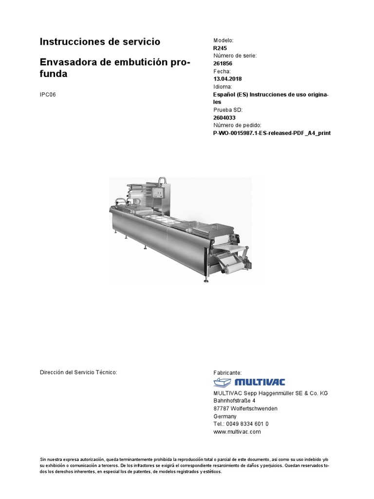 Manual de Operacion Multivac r245 | PDF | Física Aplicada e Interdisciplinaria | Ingeniería mecánica