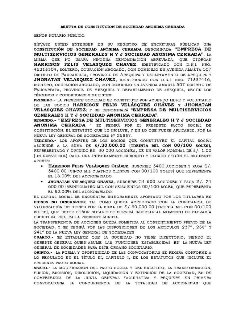 Modelo de Constitucion de Empresa - Multiservicios | PDF | Compartir (Finanzas) | Sociedad