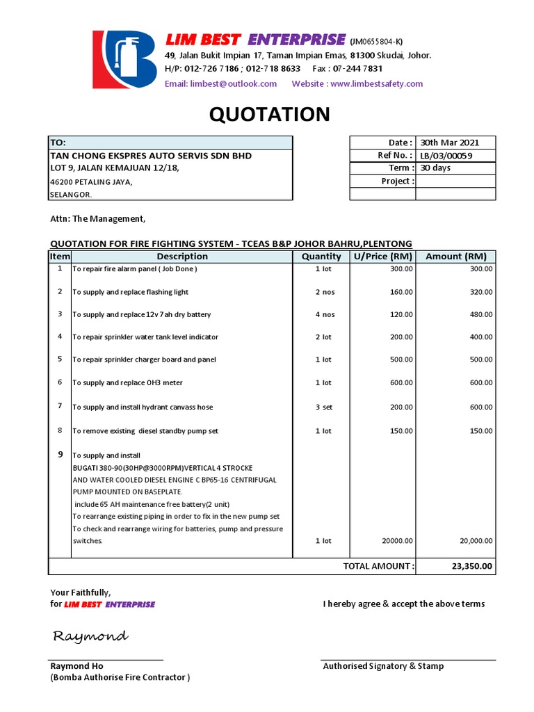 Fire Fighting System Quotation | PDF | Energy Technology | Equipment