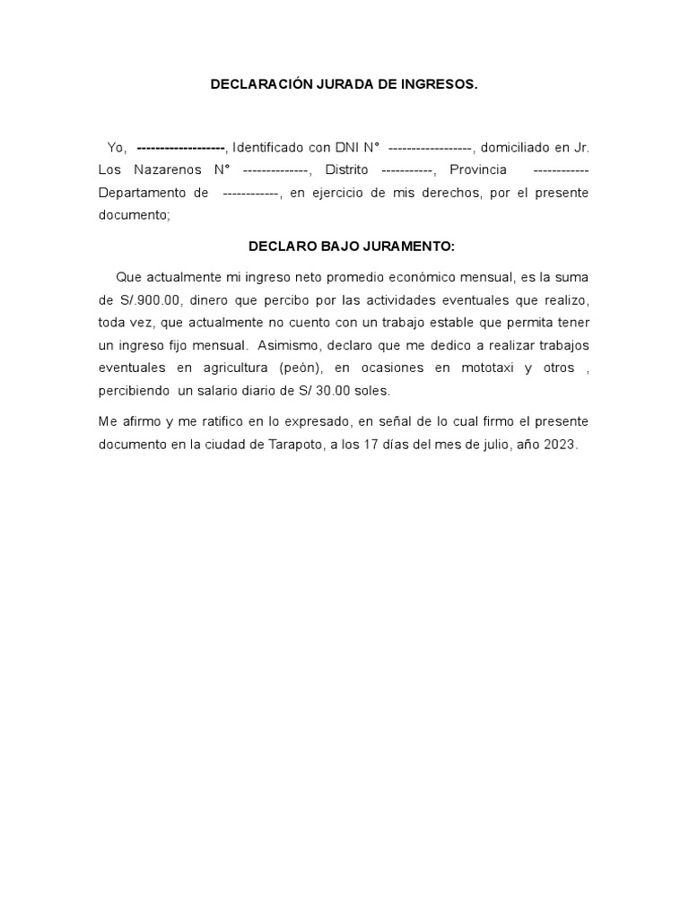 Declaración Jurada de Ingresos | PDF