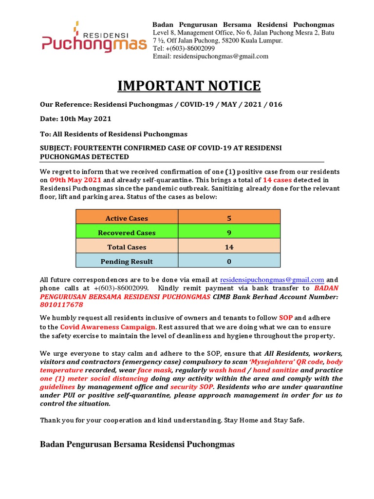 Notice of Fourteenth Positive Case of Covid-19 at Puchongmas Residence ...