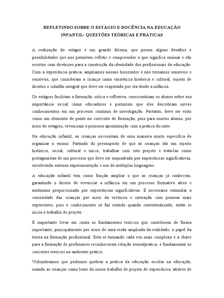 Estágio e Docência Na Educação Infantil Questões Teóricas e Práticas ...