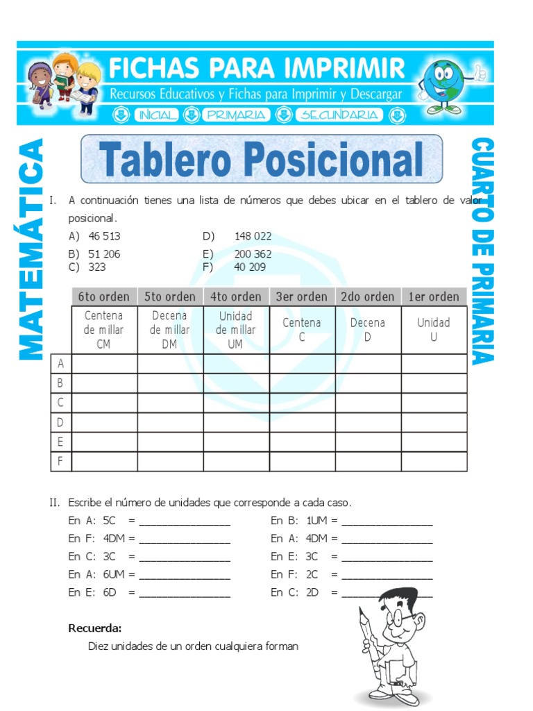 Ficha Tablero Posicional para Cuarto de Primaria | Descargar gratis PDF ...