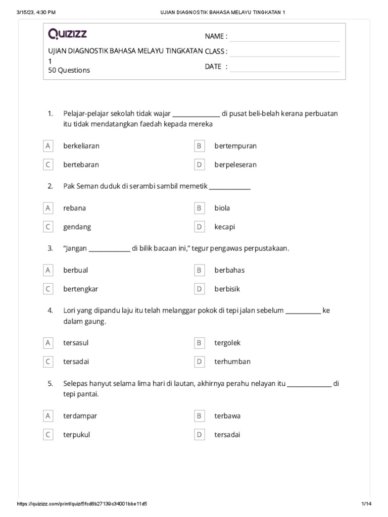 Ujian Diagnostik Bahasa Melayu Tingkatan 1 | PDF