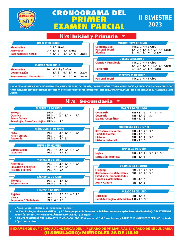 Cronograma de Examenes Parciales - II Bimestre 2023 | PDF Cronograma de Examenes Parciales - II Bimestre 2023 | PDF