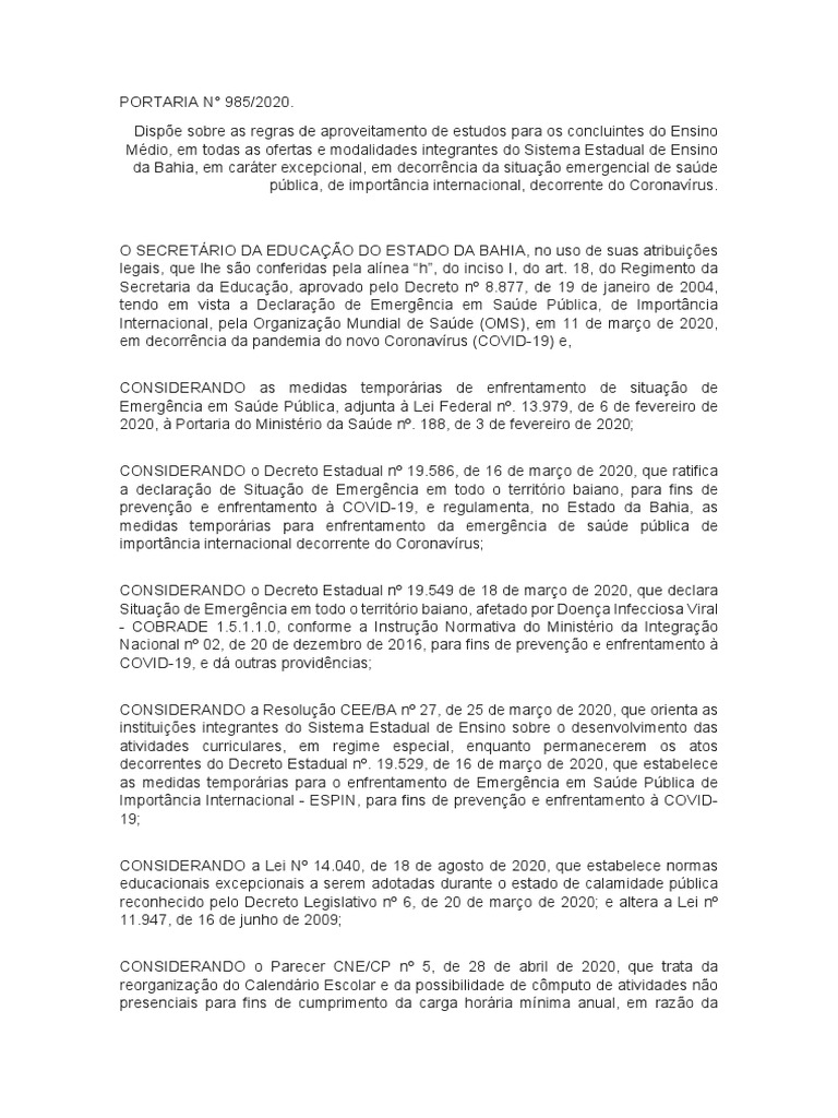 Portaria 985 2020 Aproveitamento de Estudos | PDF | União Europeia