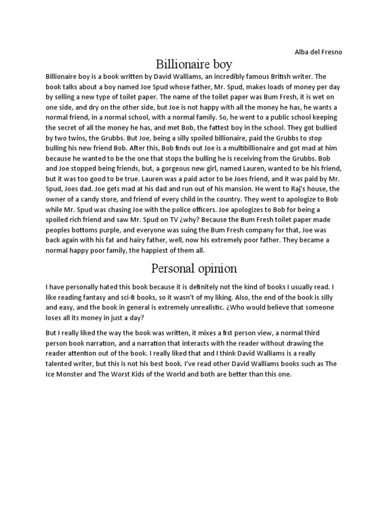 Billionaire Boy: A Summary and Review | PDF