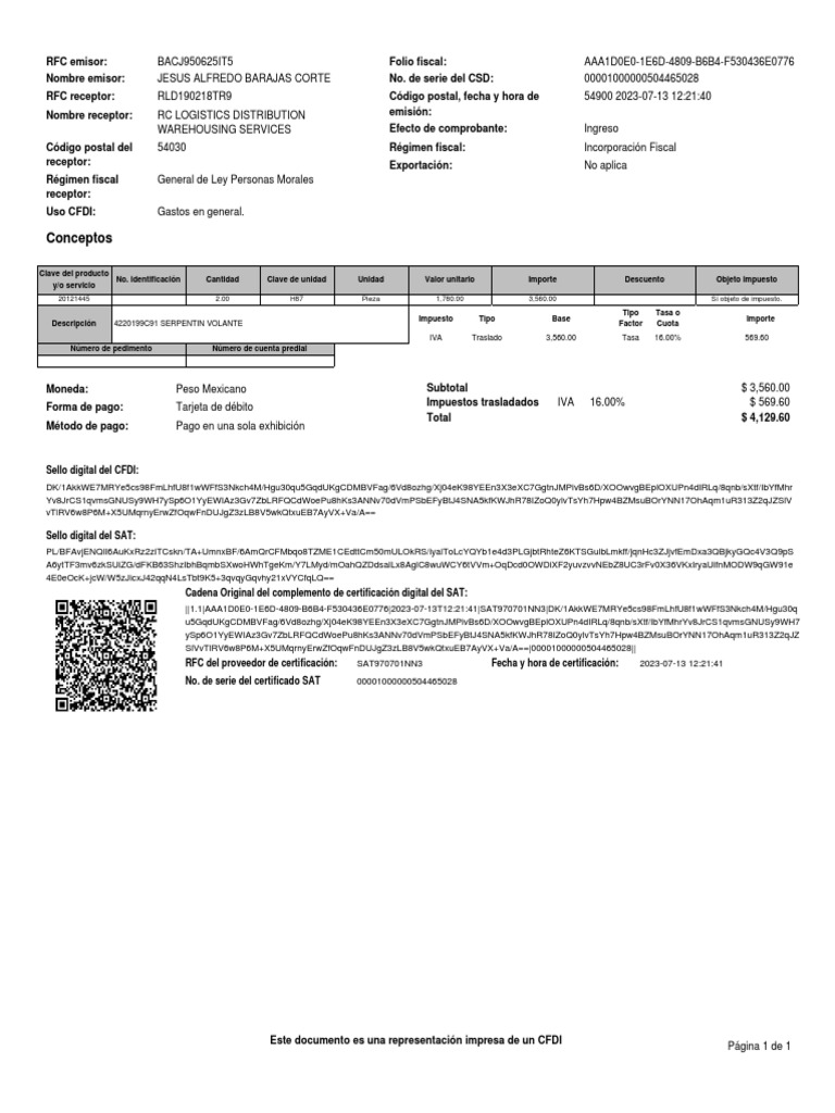 Conceptos: 4220199C91 Serpentin Volante IVA Traslado 3,560.00 Tasa 16. ...