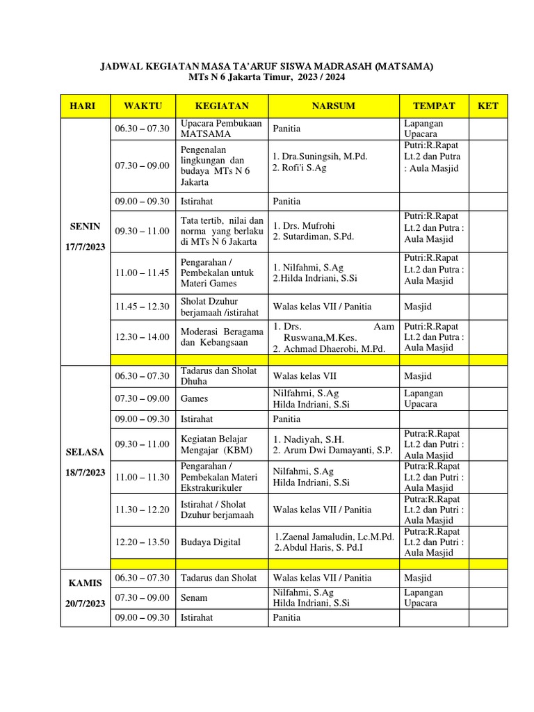 Jadwal Kegiatan Matsama MTs N 6 2023 | PDF