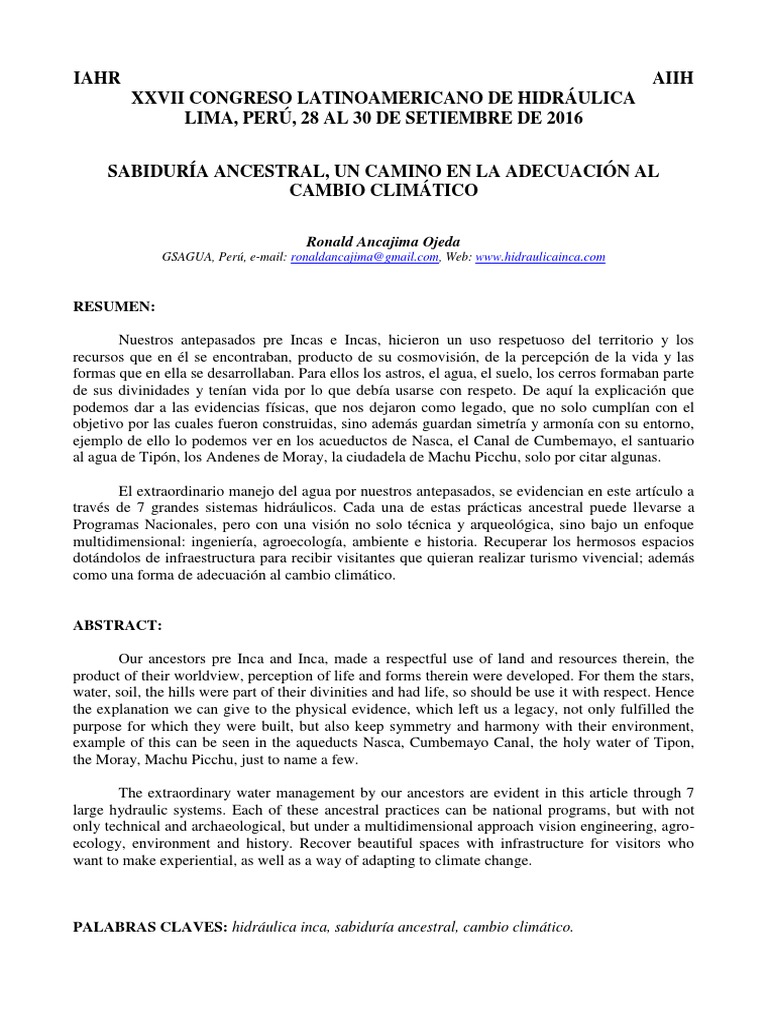 Sistemas Hidráulicos Ancestrales Incas | PDF | Represa | Imperio Inca