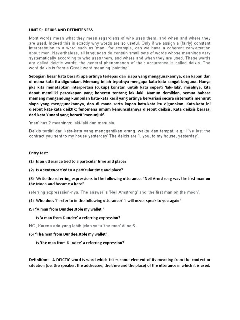 Unit 5 Deixis and Definiteness | PDF | Noun | Human Communication