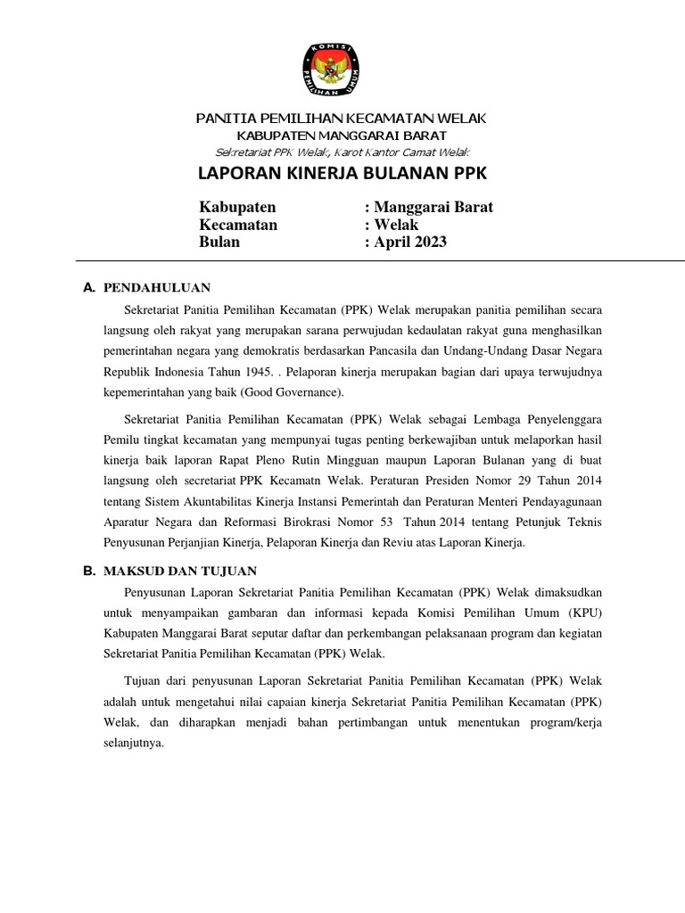 New PPK Welak Laporan Kinerja Bulan April | PDF