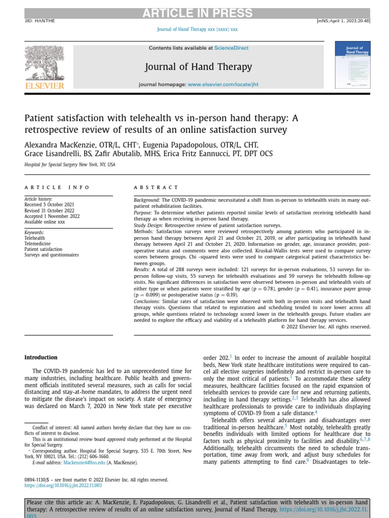 Patient Satisfaction With Telehealth Vs Inperson Hand Therapy A ...