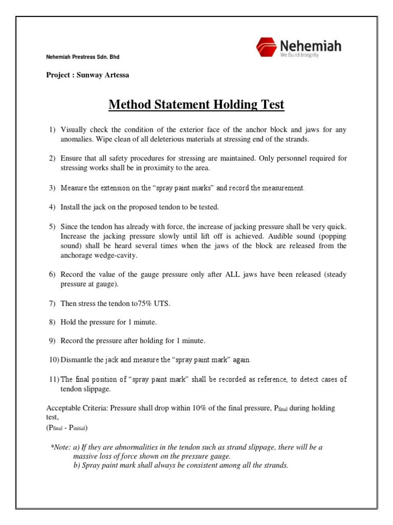 Method Statement Holding Test | PDF