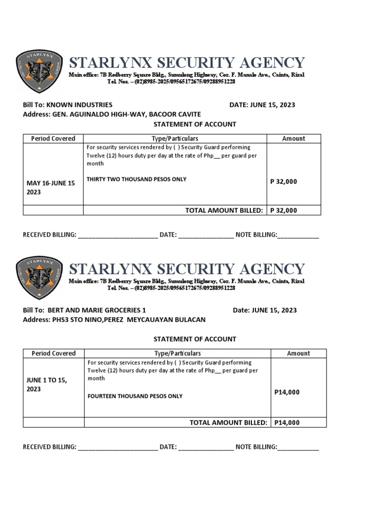 Security Service Billing Statements | PDF