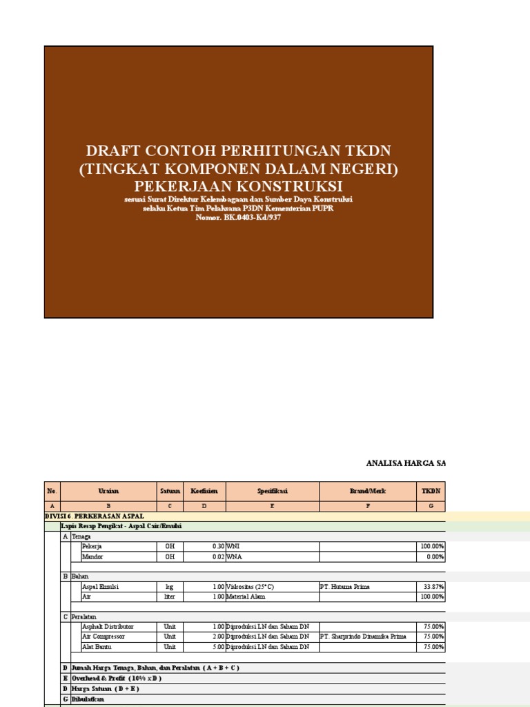 Template Tabel Perhitungan TKDN Pekerjaan Konstruksi (Surat DKSDK-DJBK-PUPR No. 937) | PDF