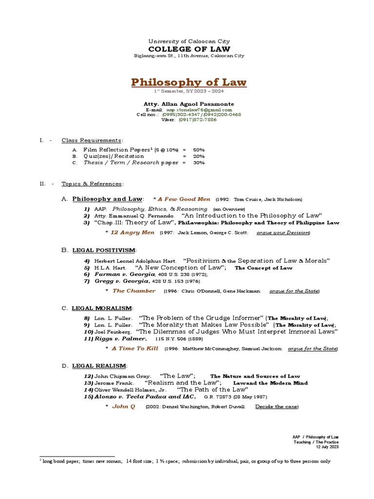 Philo of Law Course Outline 07122023 | PDF | Jurisprudence | Justice