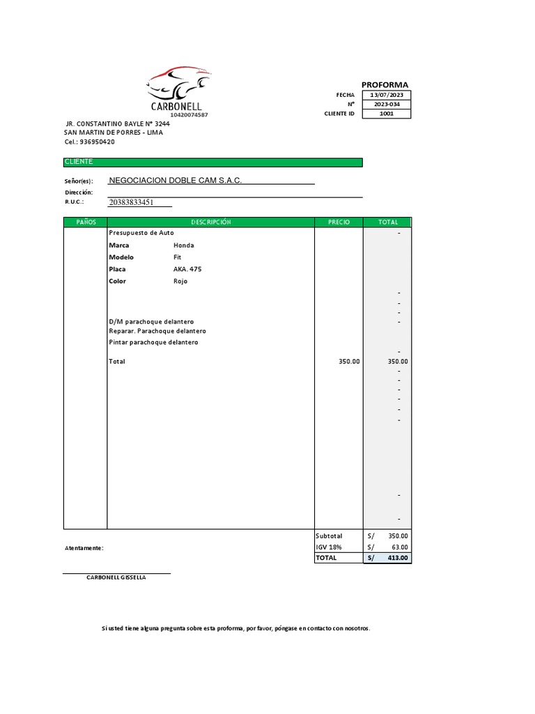 Proforma de Reparación de Auto Honda Fit | PDF | Honda | Coche