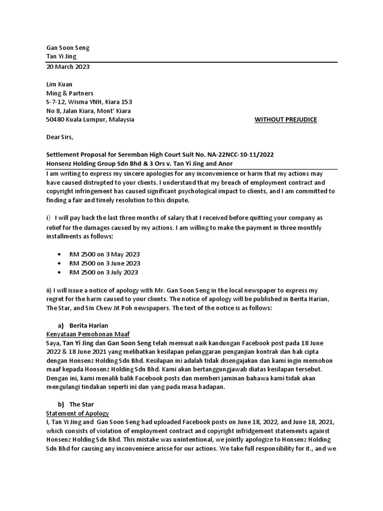 Settlement Proposal Draft | PDF | Business Law | Common Law Settlement Proposal Draft | PDF | Business Law | Common Law