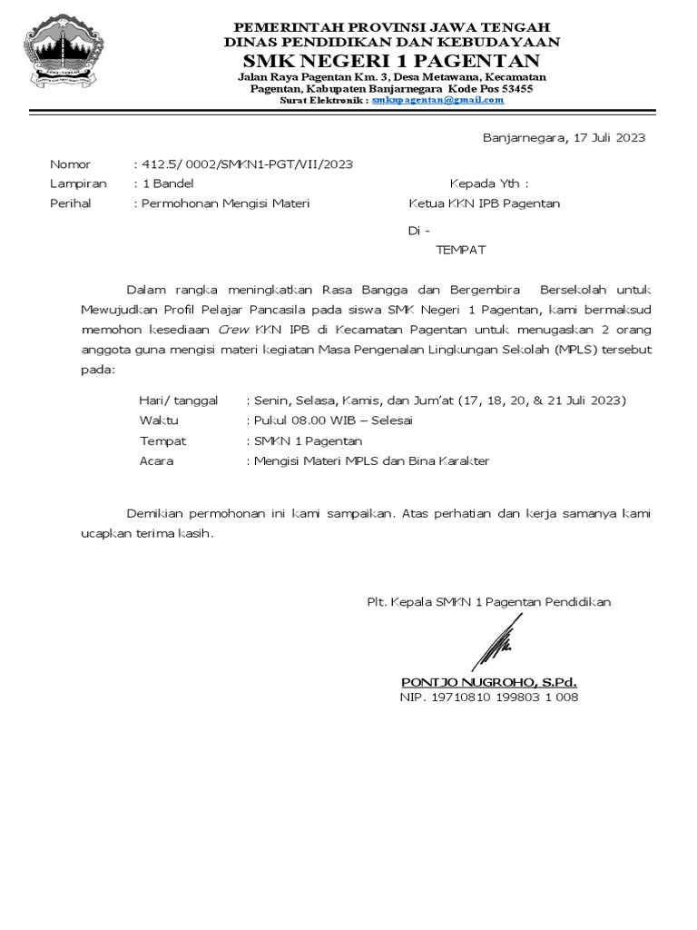 Surat Permohoan Isi Materi MPLS KKN | PDF Surat Permohoan Isi Materi MPLS KKN | PDF