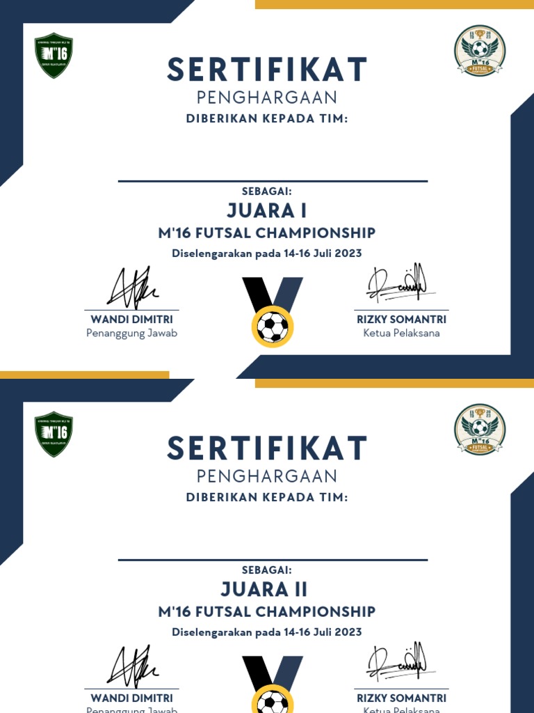 Sertifikat Juara M'16 Futsal Championship | PDF