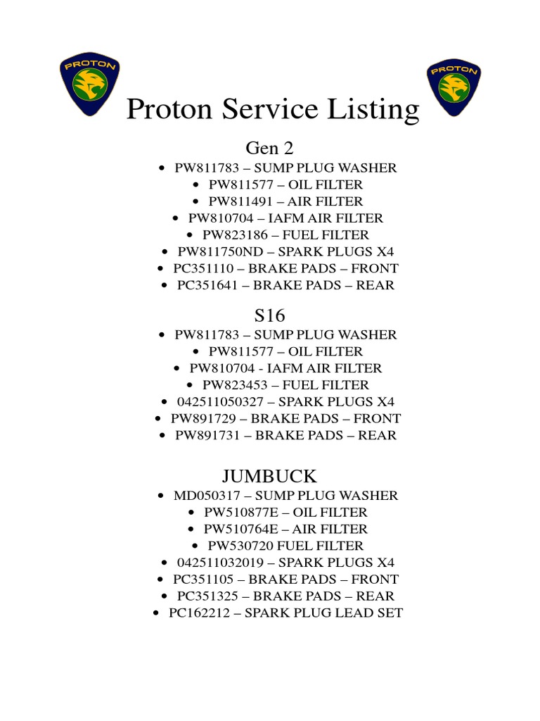 Proton Parts Listing | PDF