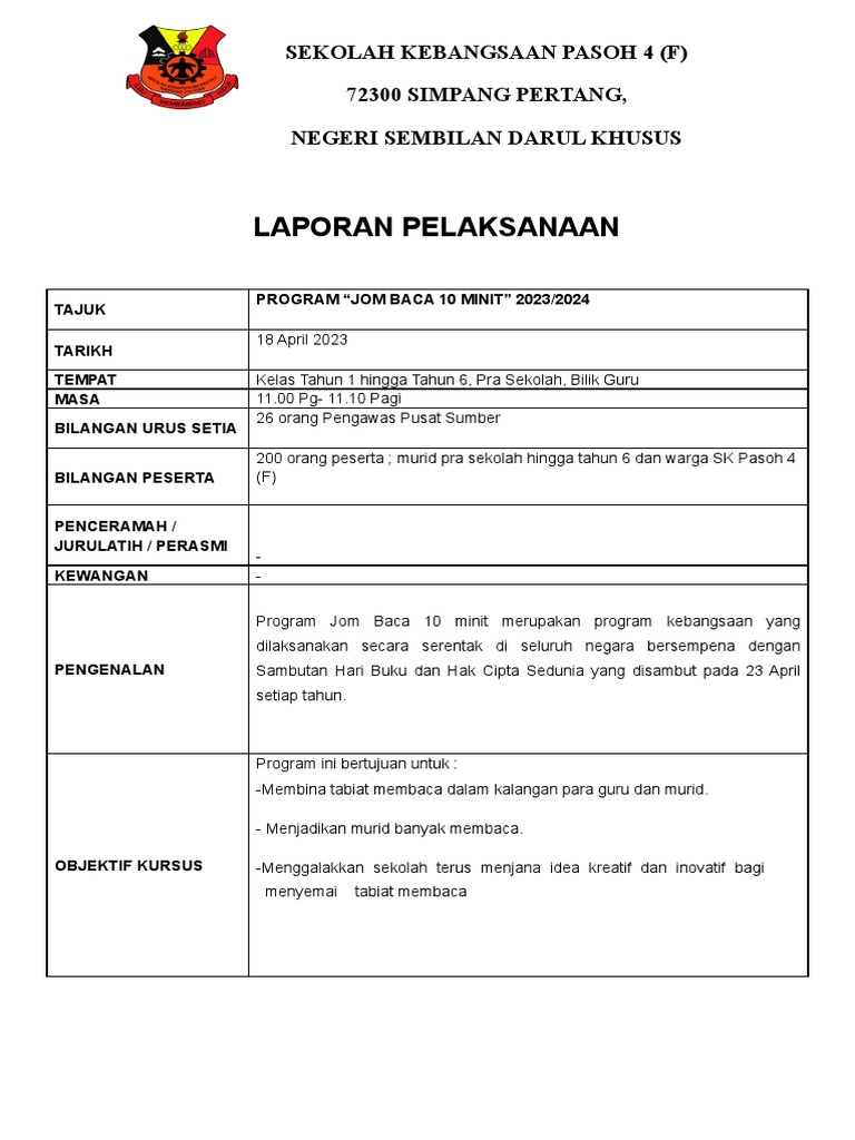 Laporan Jom Baca 10 Minit | PDF