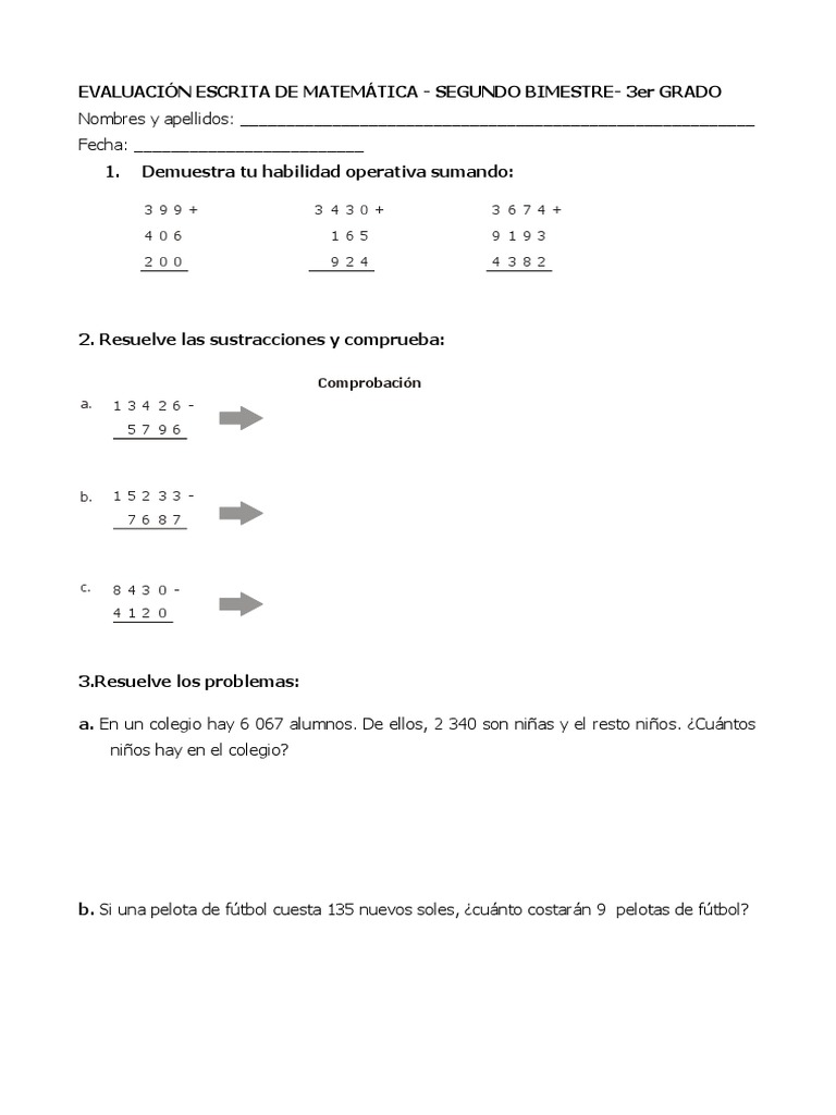 Evaluación Matemática 3er Grado | PDF