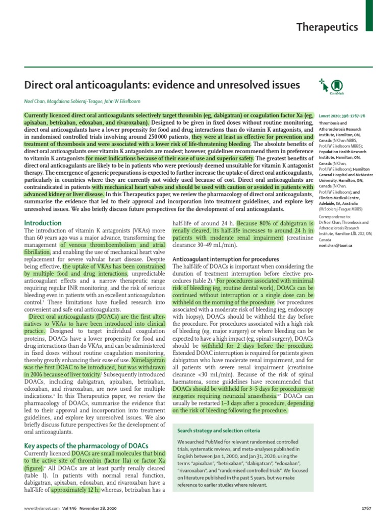 Direct Oral Anticoagulants Evidence And Unresolved Issues 2020 Pdf