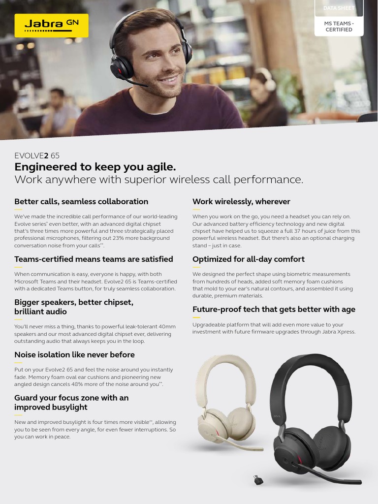 Jabra Evolve2 65 Datasheet Teams A4 Web | PDF | Usb | Bluetooth