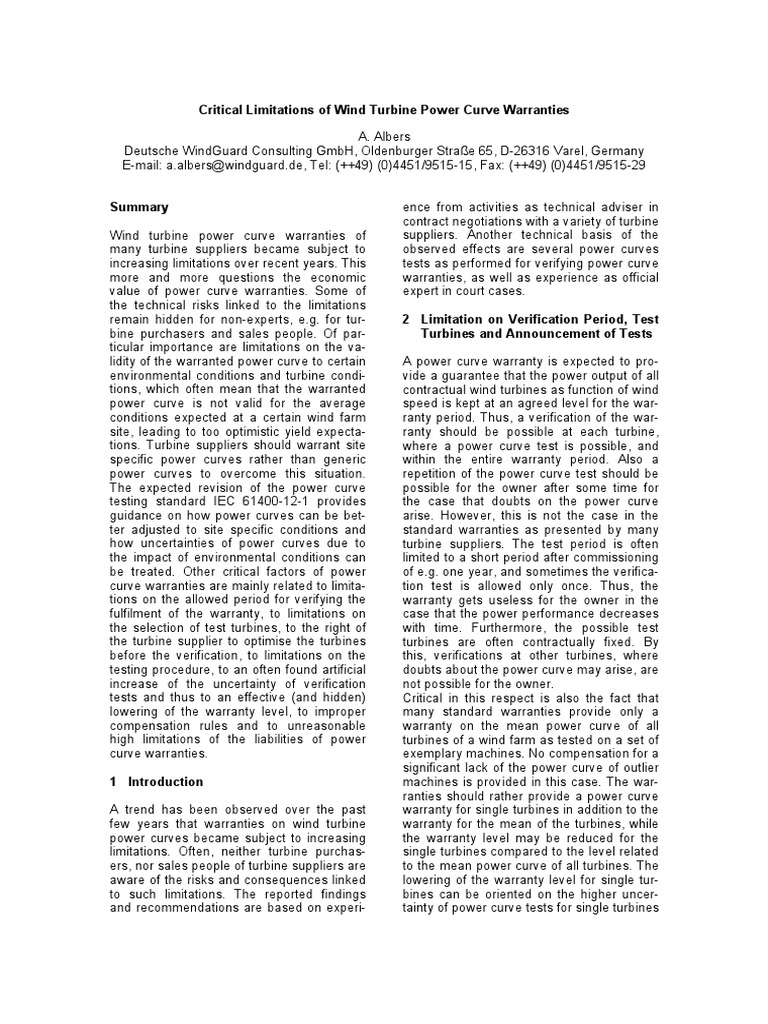 Critical Limitations of Wind Turbine Power Curve Warranties | PDF | Uncertainty | Wind Turbine