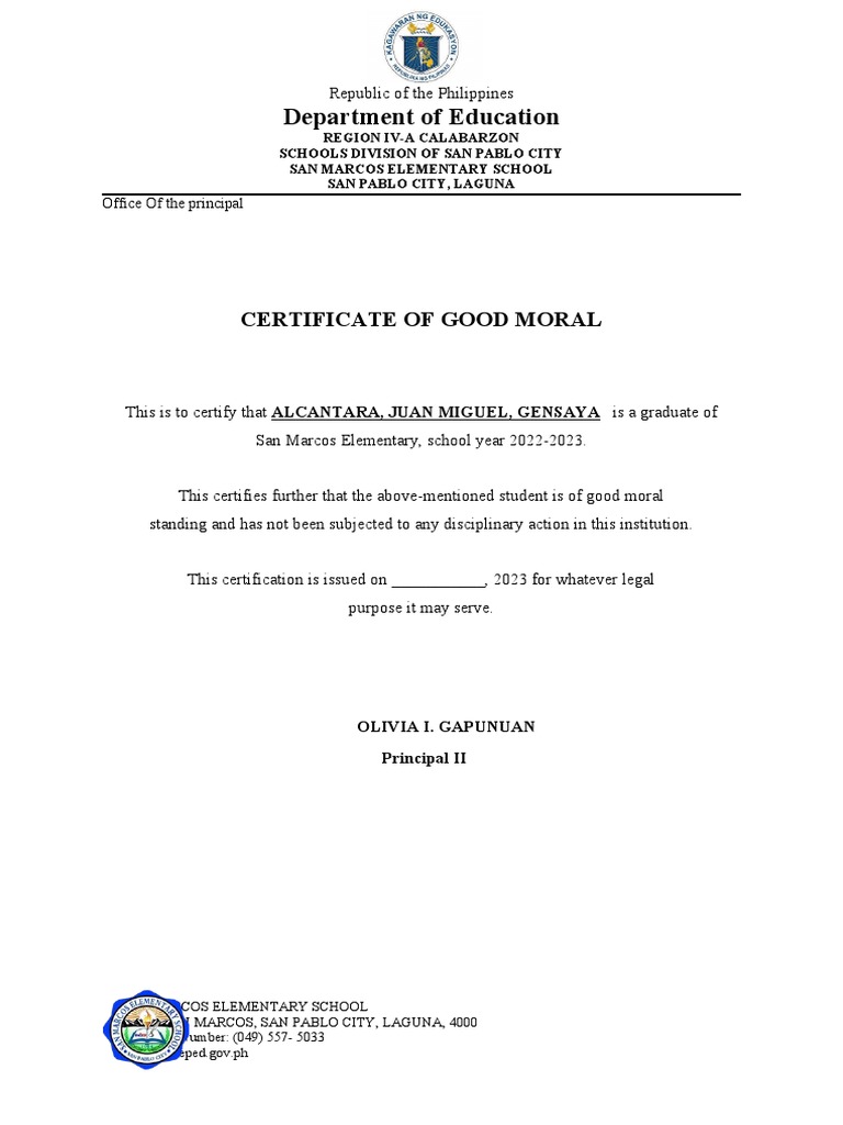 Good Moral CERTIFICATE G6 MAPAGPAKUMBABA 2022 2023 | PDF | Public Law ...