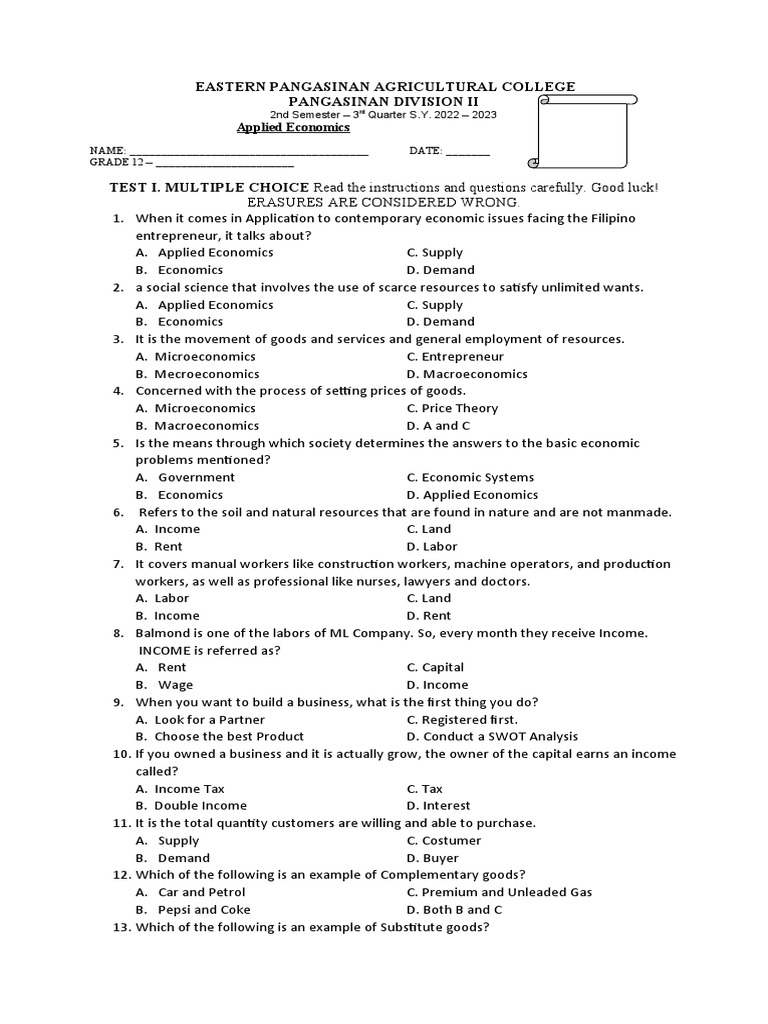 Applied Economics Examination Sample | PDF | Demand | Supply (Economics)