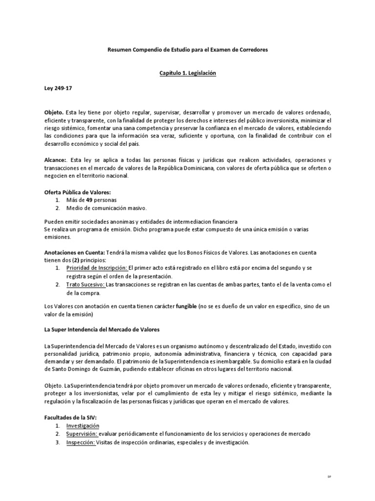Resumen Teoria Compendio de Estudio para El Examen de Corredores | PDF | Bolsa | Ley de fideicomiso