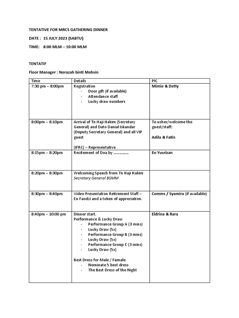 MRCS Gathering Dinner Schedule | PDF