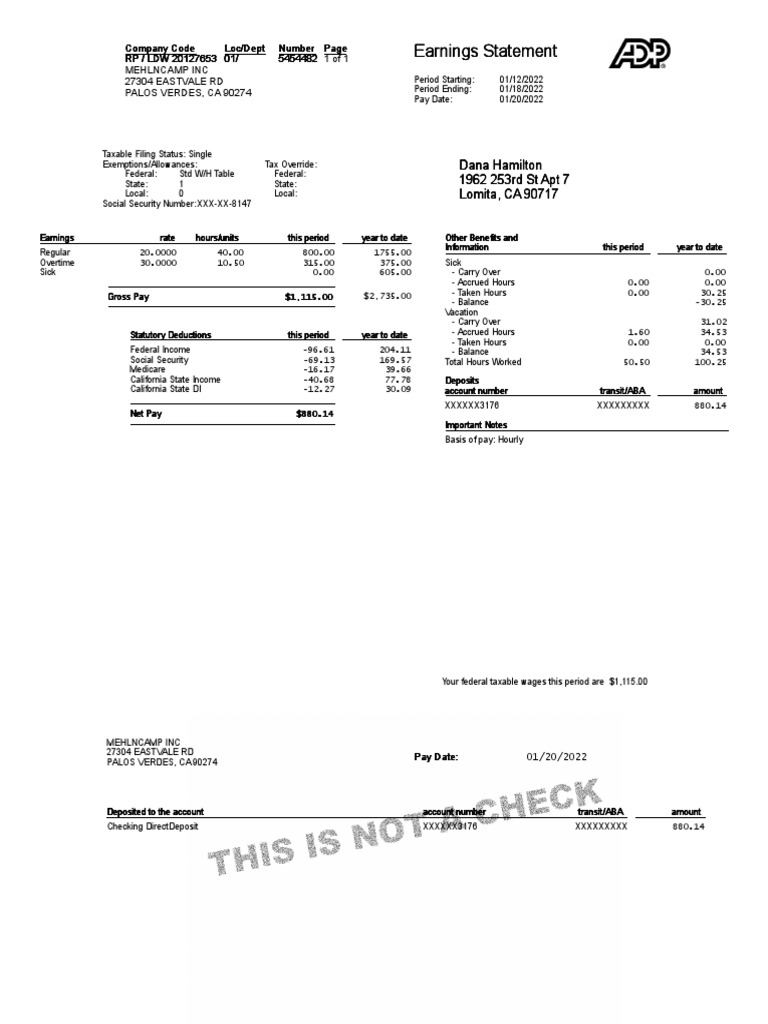 Earnings Statement Earnings Statement Earnings Statement Earnings ...