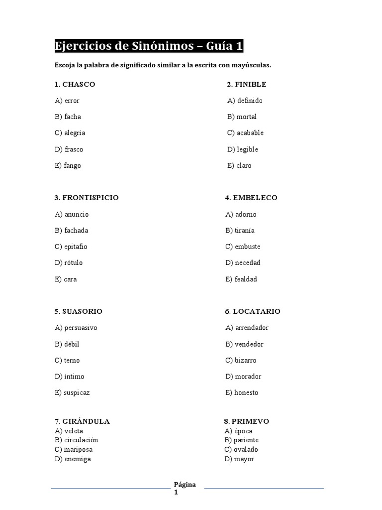 01 Ejercicios de Sinónimos | PDF