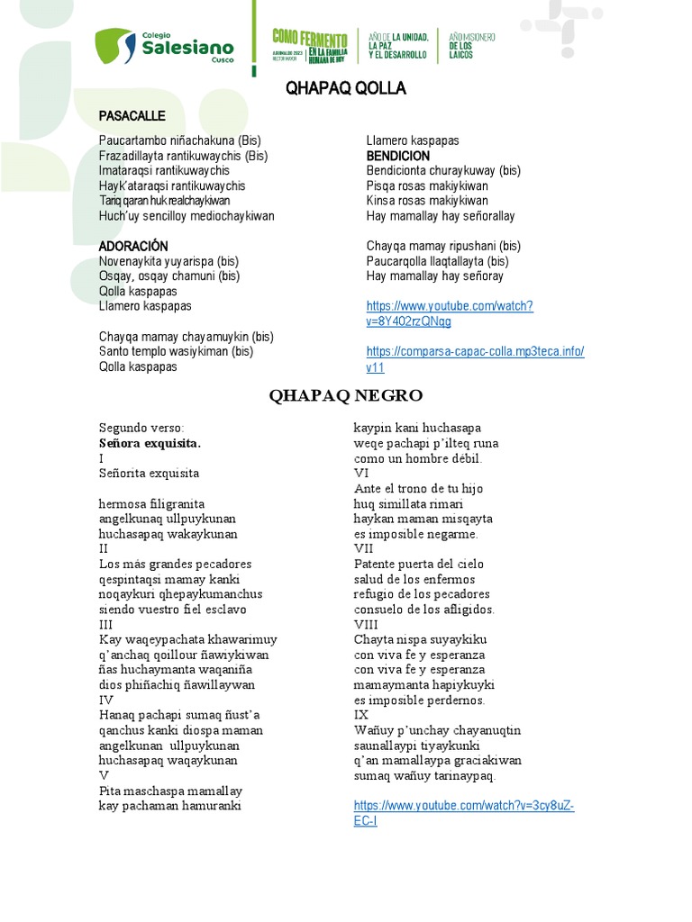 Qhapaq Qolla y Qhapaq Negro: Letras y Adoración | PDF