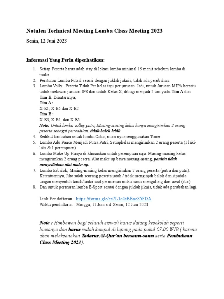 Notulen Technical Meeting Lomba Class Meeting.2023 | PDF