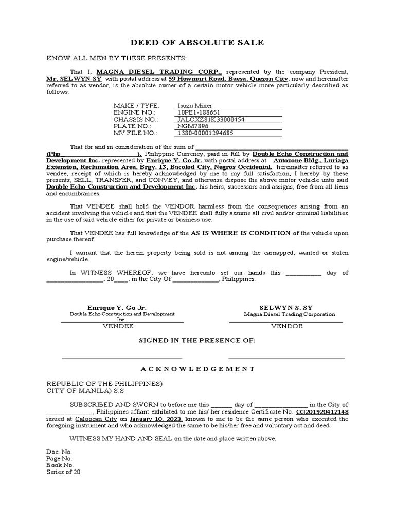 Deed of Absolute Sale | PDF | Deed | Property Law