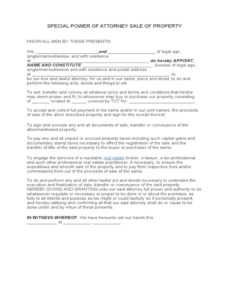 Special Power of Attorney Sale of Property | PDF