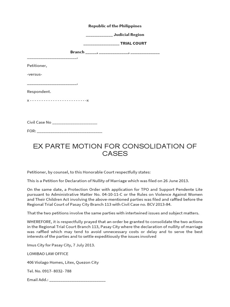 Ex Parte Motion For Consolidation of Cases | PDF Ex Parte Motion For Consolidation of Cases | PDF